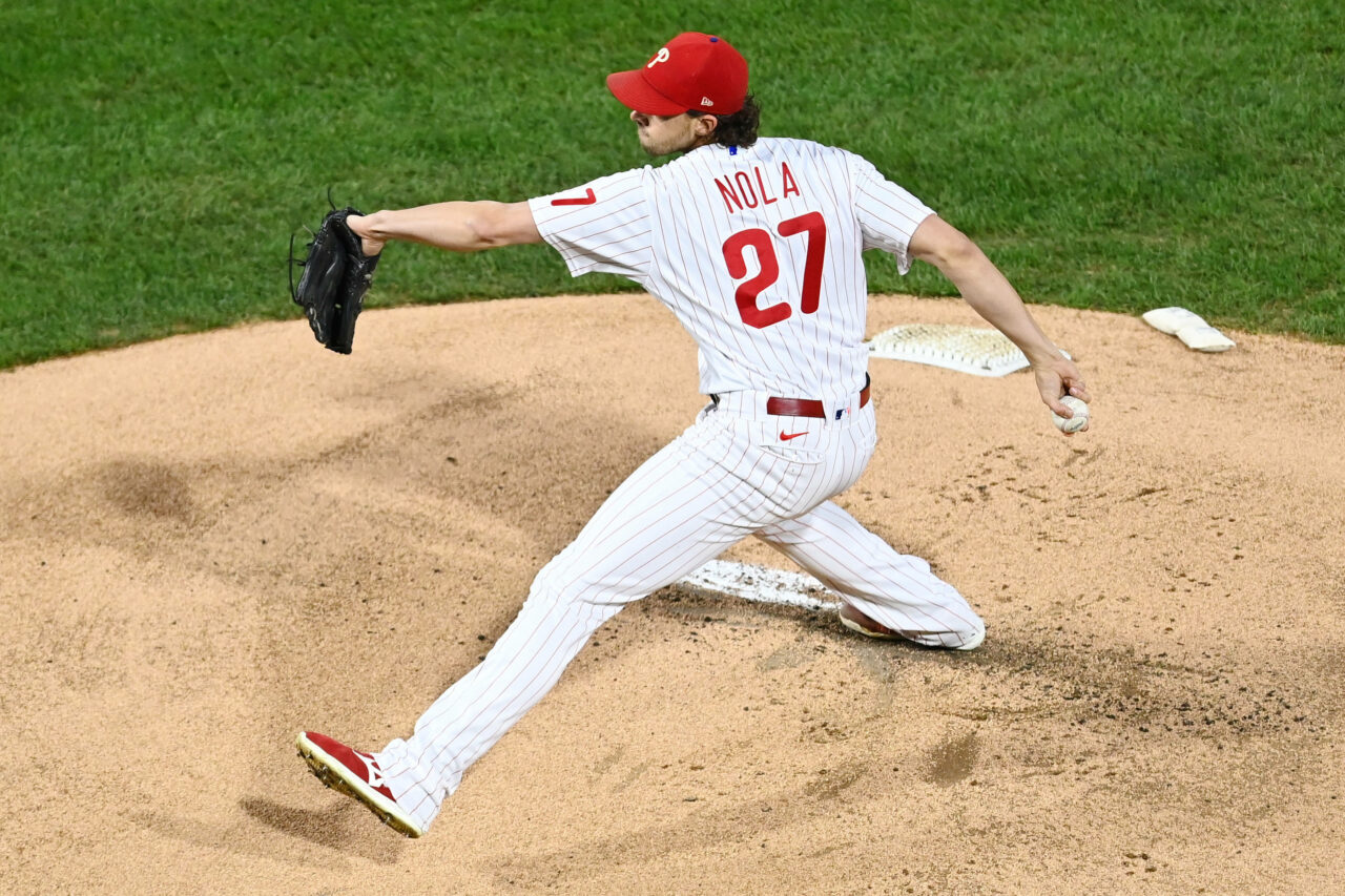 Aaron Nola Sweeping Pitch Power Baseball Wallpaper | Background FREE ...