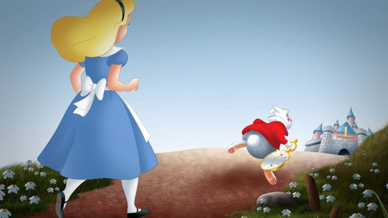 Alice Following White Rabbit to Magical Castle Wallpaper | Background ...