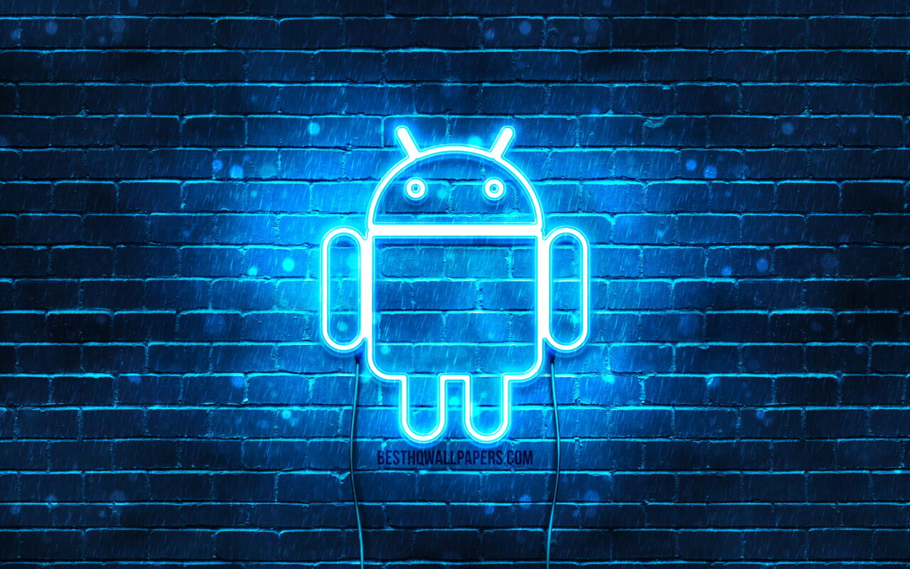 Neon Android Blue Logo on Brick Wall 4K Wallpaper | Background FREE ...