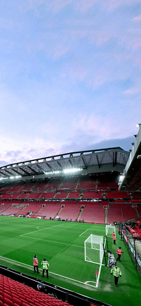 Anfield Stadium Evening View Vibrant Green Pitch Wallpaper | Background ...