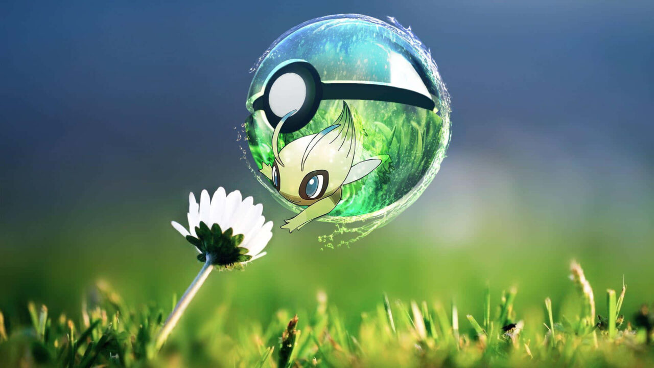 Celebi Mythical Pokémon Glowing Aura Meadow Wallpaper | Background FREE ...