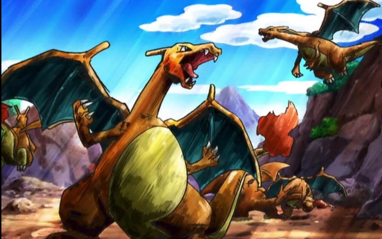 Charizard Soaring Boldly in Blue Sky Anime Wallpaper | Background FREE ...
