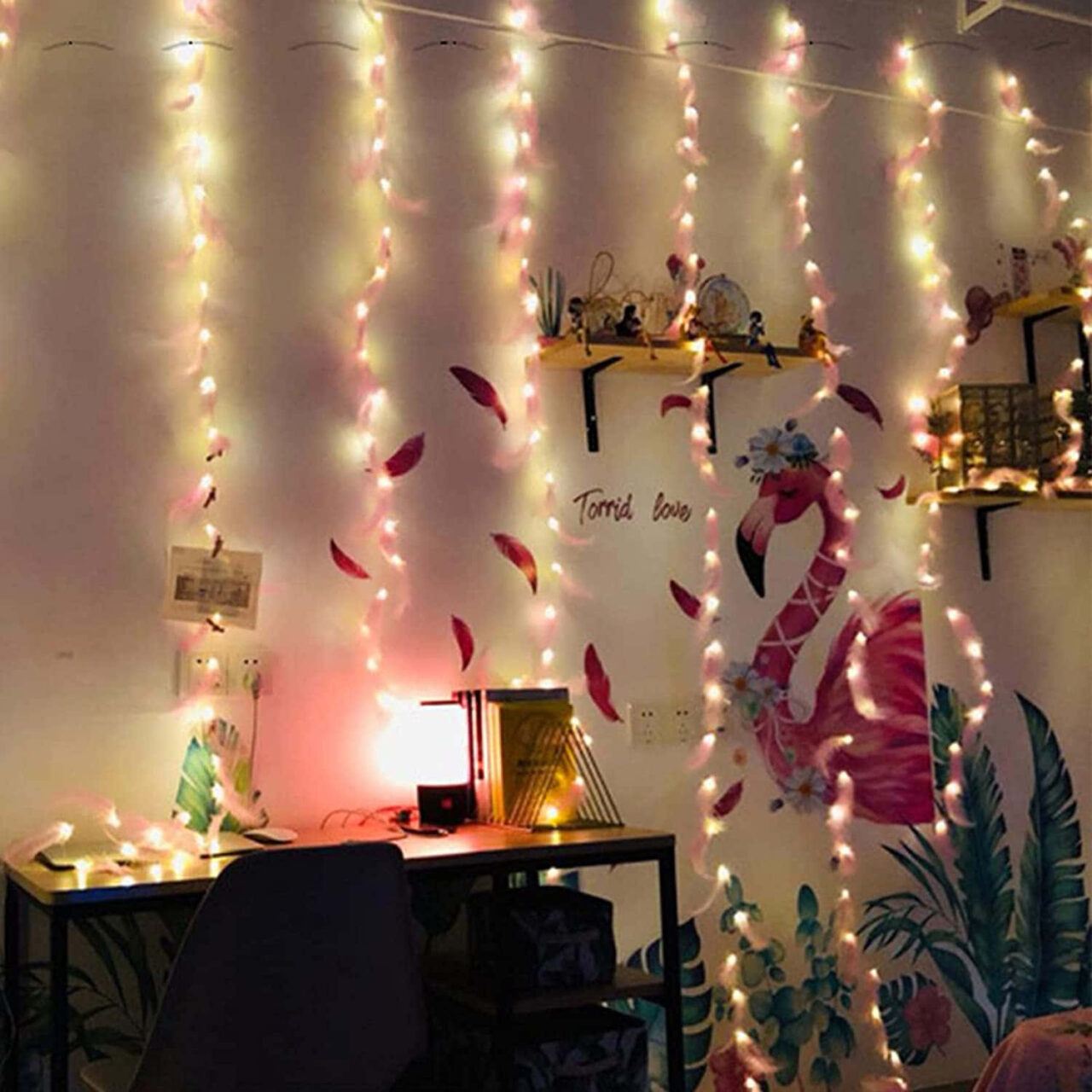 Cozy Flamingo Room with String Lights and Shelves Wallpaper ...