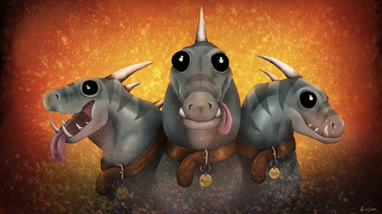 Cute Cartoon Cerberus with Fiery Glow Wallpaper | Background FREE ...