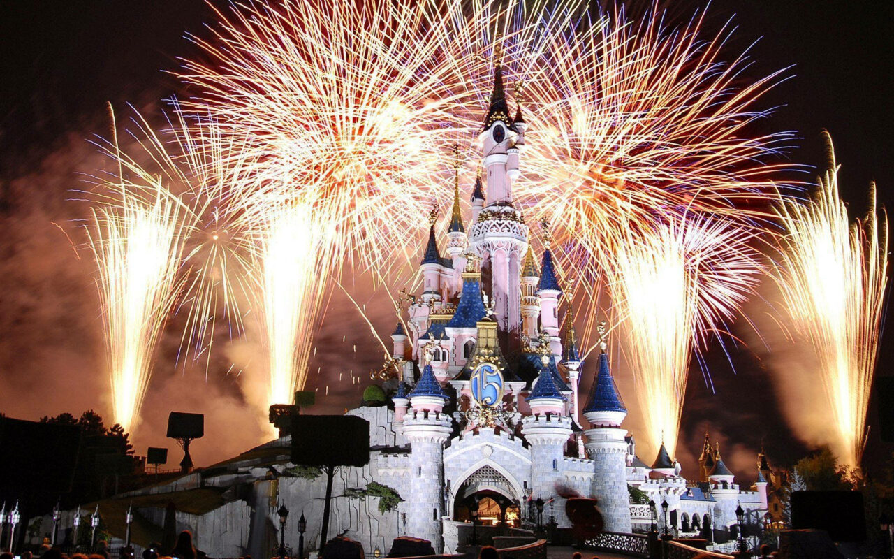 Disney Castle with Golden Fireworks Night Sky Wallpaper | Background ...