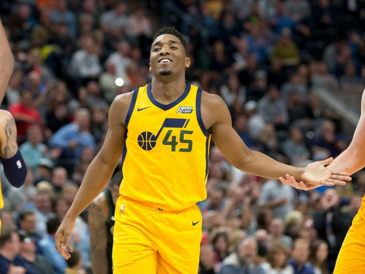 Donovan Mitchell Joyful Utah Jazz Court Action Wallpaper | Background ...