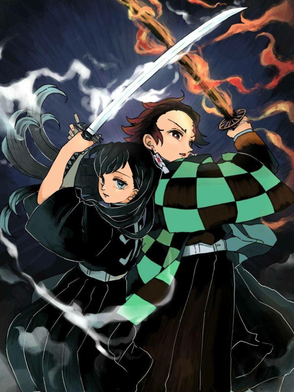 Tanjiro and Muichiro: Fierce Sword-Wielding Duo Wallpaper | Background ...