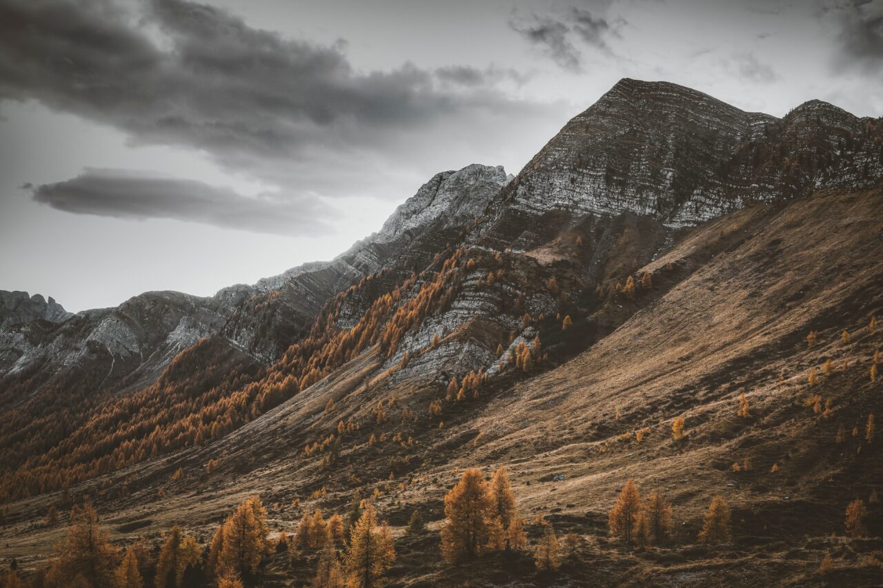 Moody Mountain Peaks with Autumn Trees Wallpaper | Background FREE ...