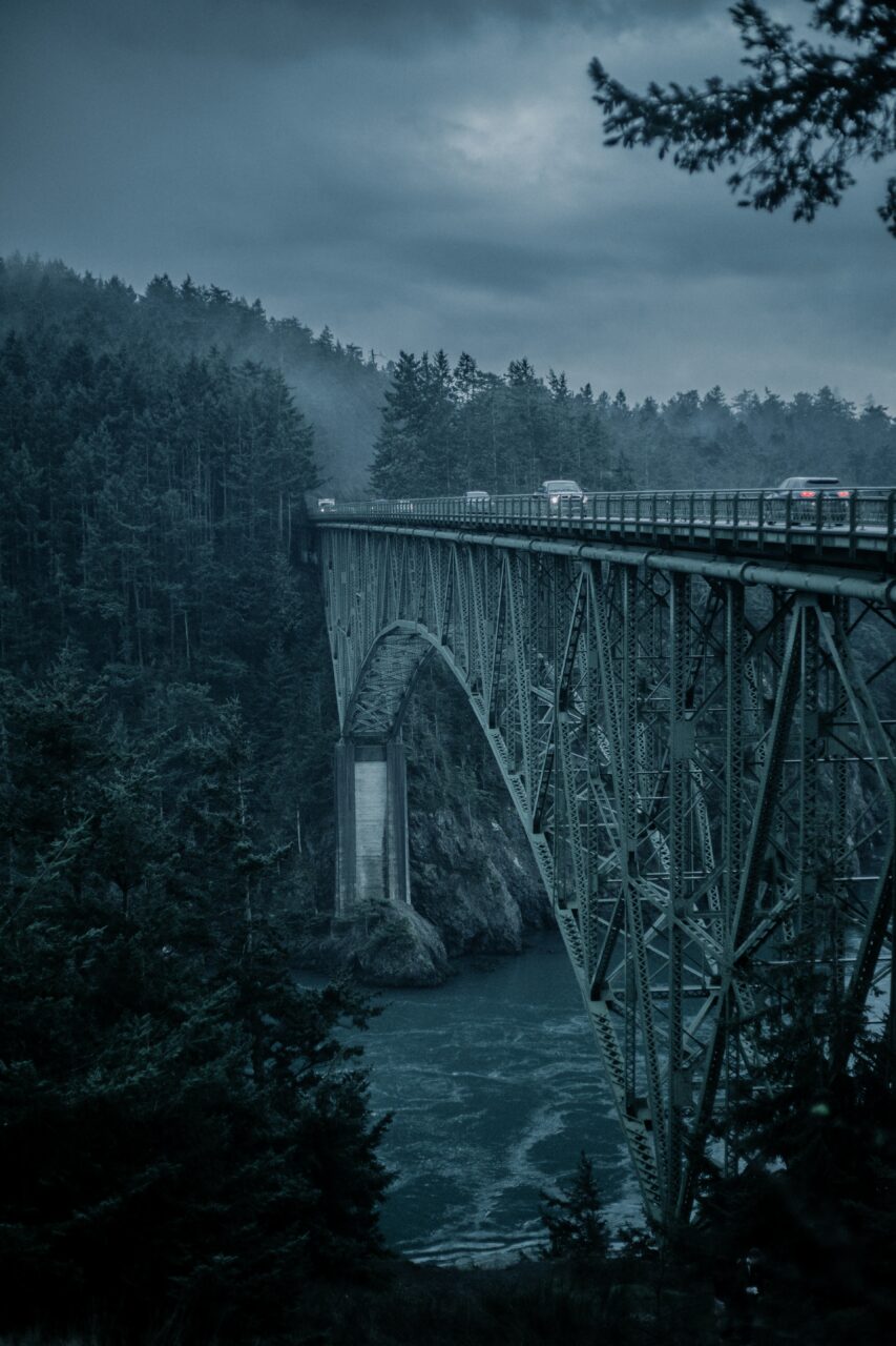 Misty Mountain Steel Bridge Over River Evening Wallpaper | Background ...