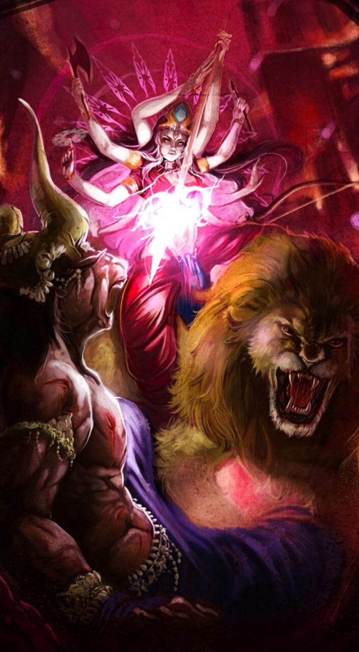 Durga Devi Defeating Mahishasura Divine Energy Wallpaper | Background ...