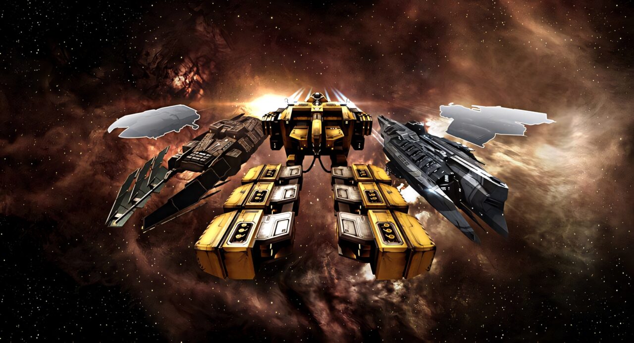 Golden Mining Ship and Spaceships in Cosmic Nebula Wallpaper ...