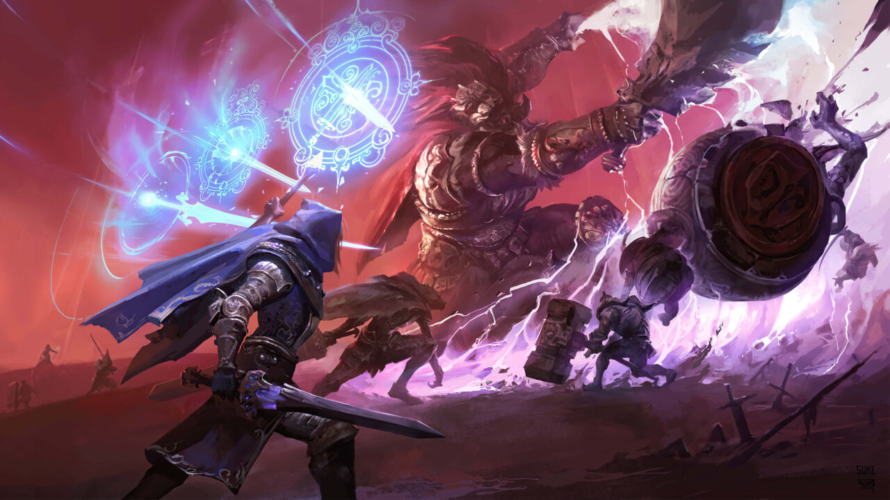 Hooded Warrior vs Armored Giant Fantasy Battle Wallpaper | Background ...