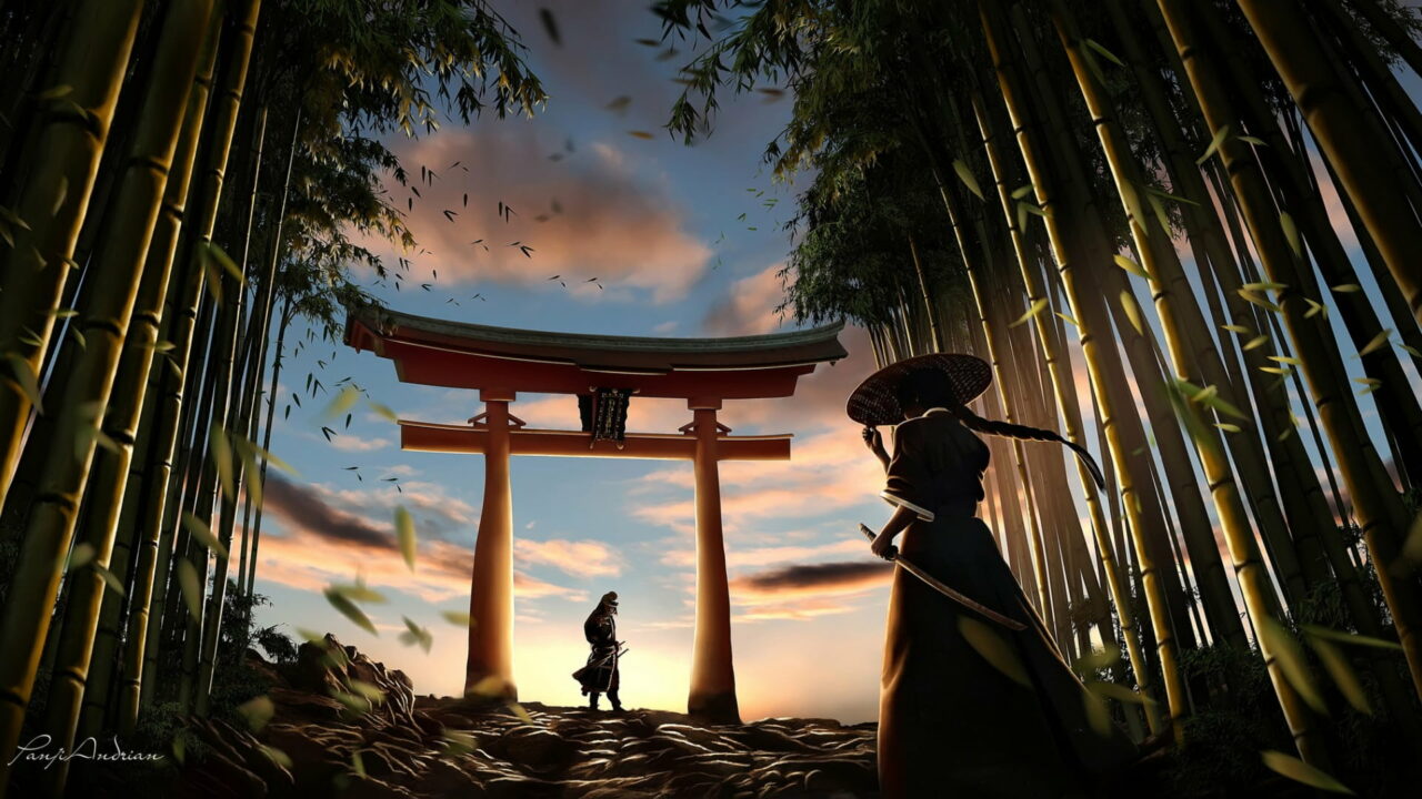 Mystical Samurai Warrior Standing on Torii Gate Wallpaper | Background ...