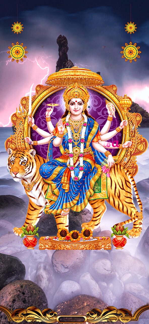 Goddess Durga on Tiger Stormy Sky Traditional Indian Wallpaper ...
