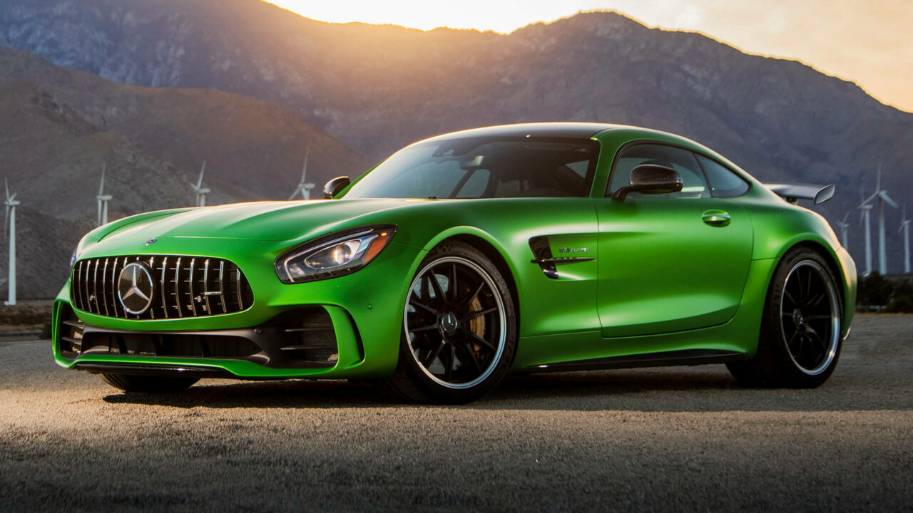Green Mercedes-AMG GT R Sunset with Windmills Nature Wallpaper ...