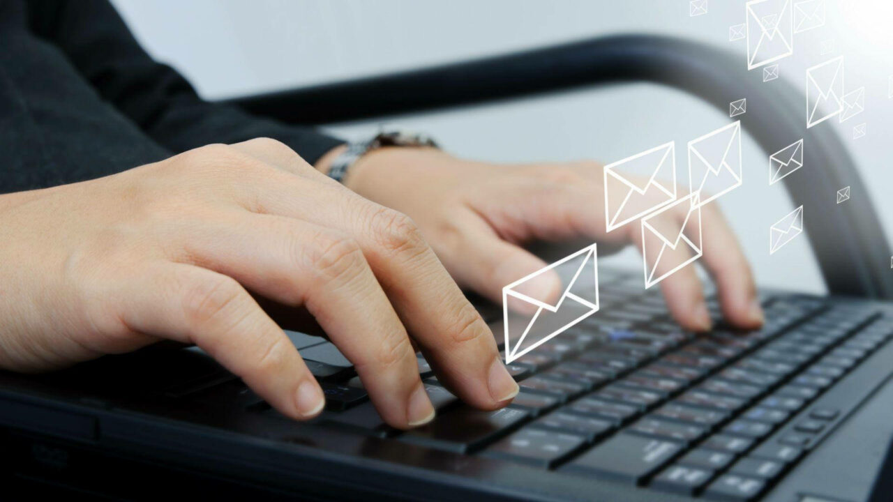 Hands Typing Email with Digital Icons Modern Workspace Wallpaper ...