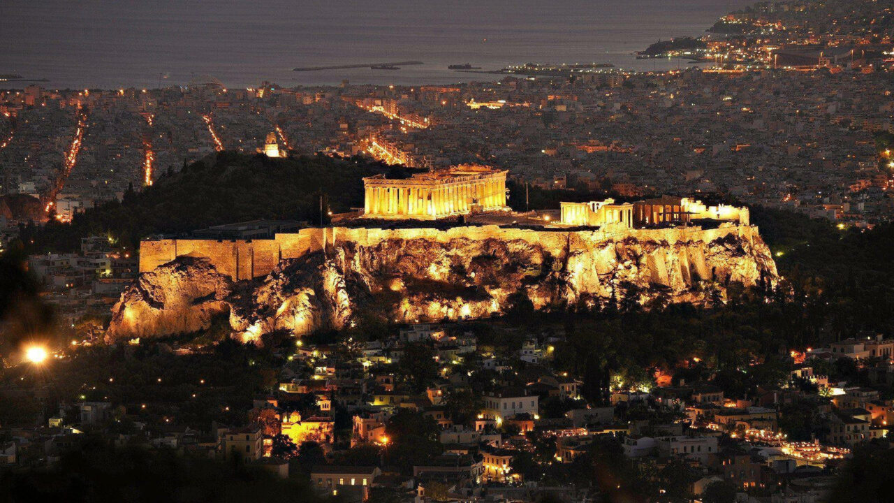Illuminated Parthenon at Night Athens Cityscape Wallpaper | Background ...