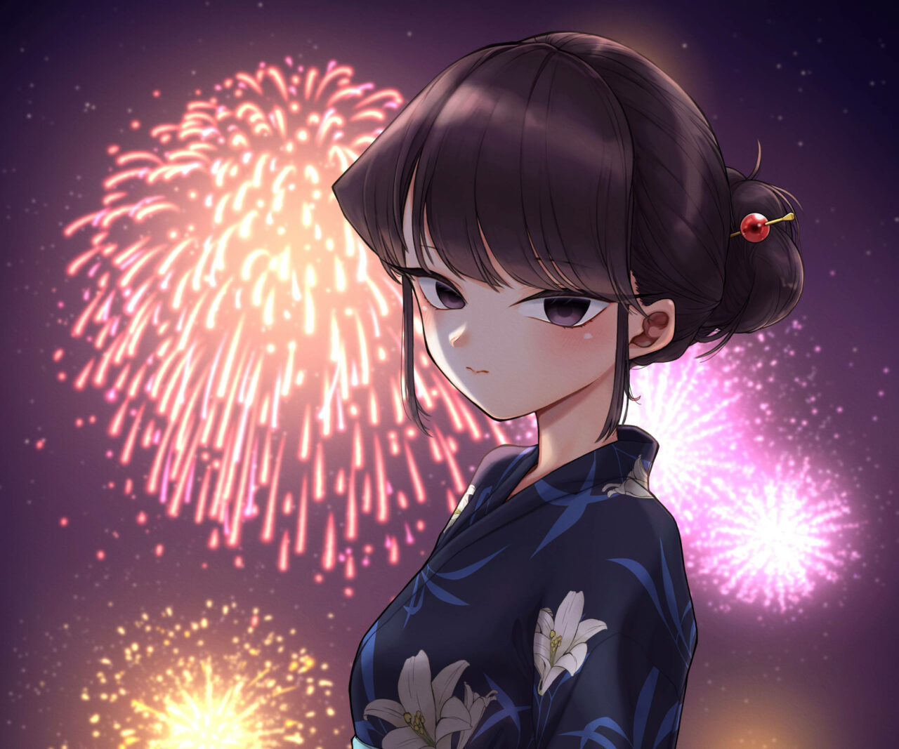 Komi Shoko in Yukata Amidst Colorful Fireworks Wallpaper | Background ...