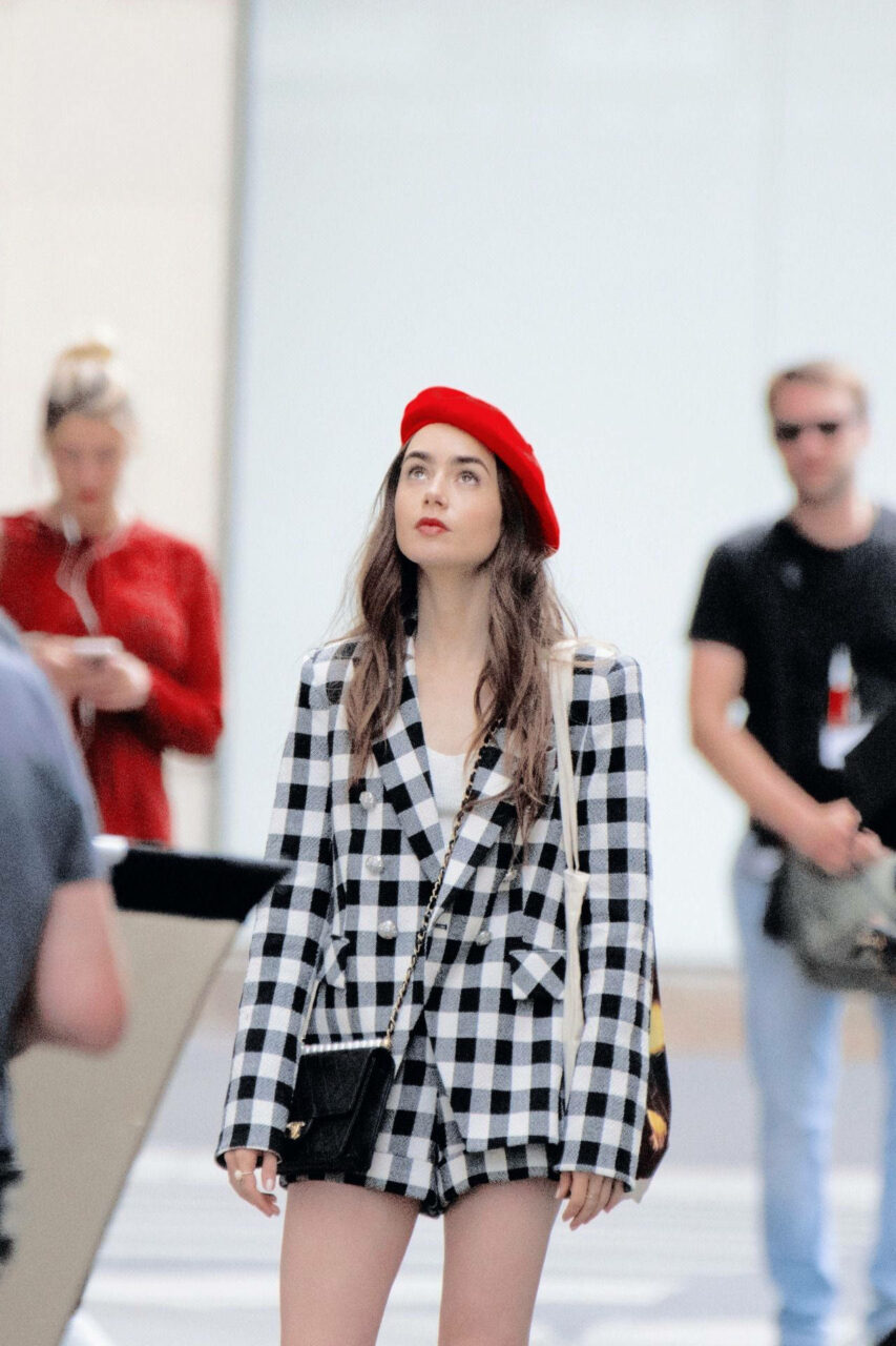 Lily Collins Emily In Paris Red Beret Checkered Outfit Wallpaper ...