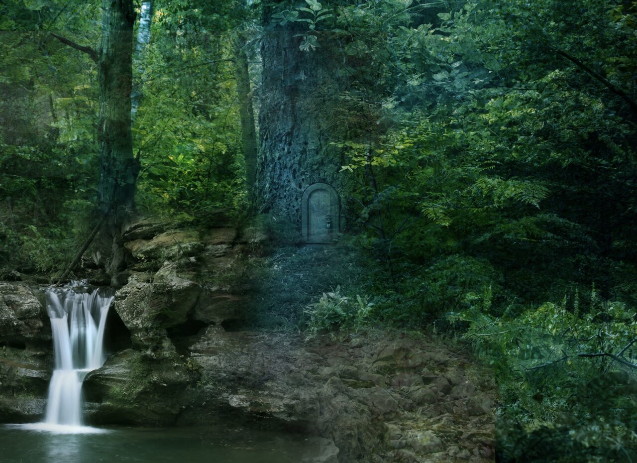 Magical Green Forest Waterfall and Ancient Tree Door Wallpaper ...