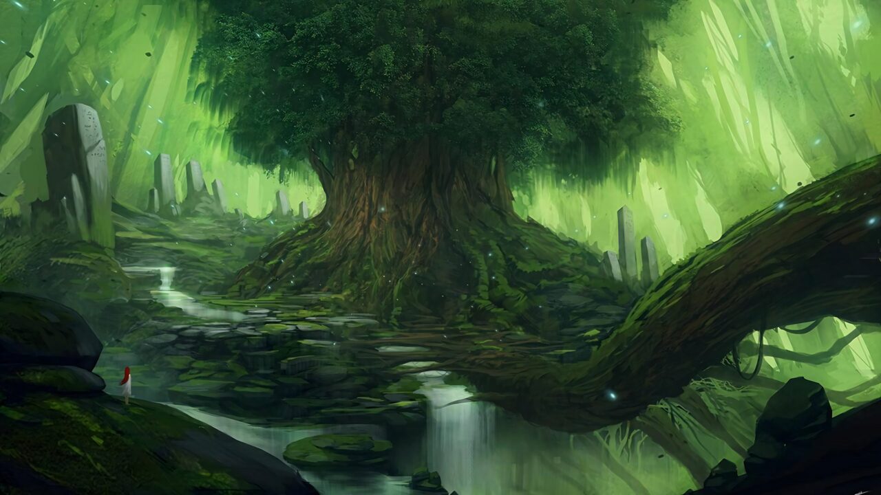 Red Cloak Girl and Enchanted Tree Magical Forest Wallpaper | Background ...