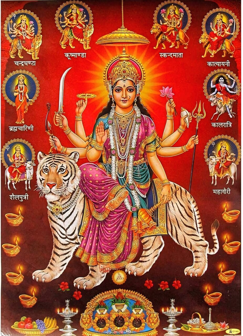 Nav Durga with Nine Avatars Majestic Tiger Ride Wallpaper | Background ...