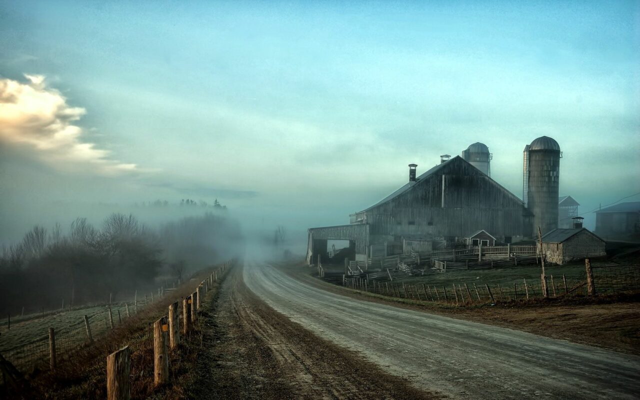 Foggy Rustic Country House and Barn Morning Wallpaper | Background FREE ...