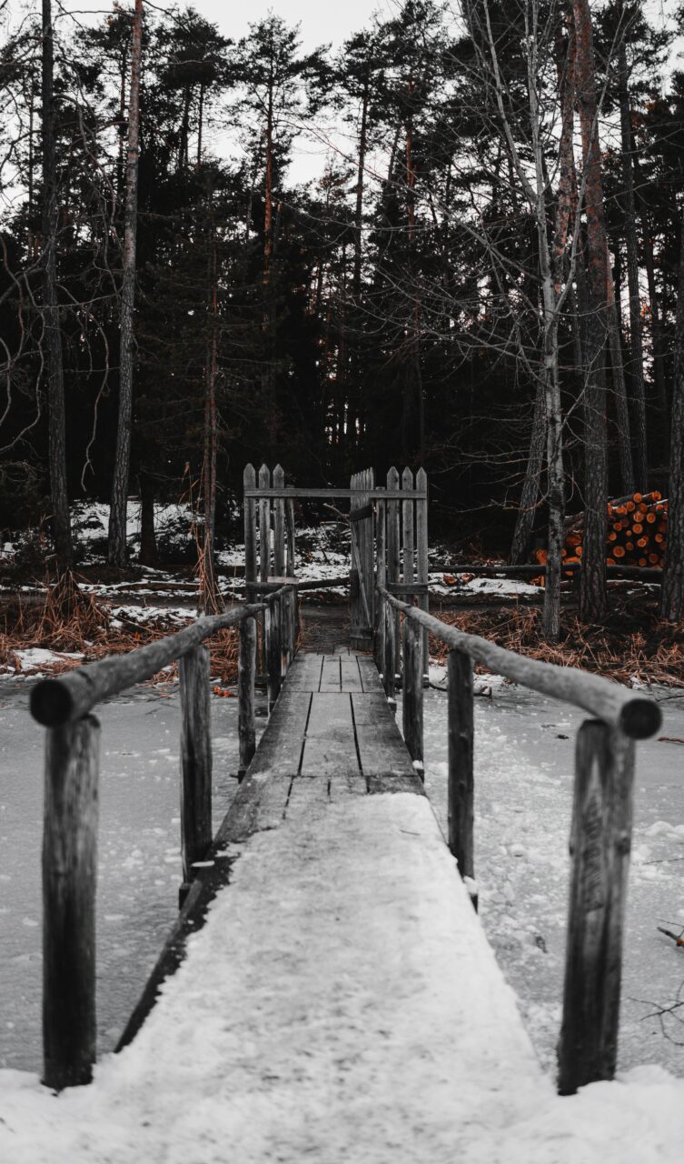 Rustic Wooden Bridge Over Frozen River Winter Wallpaper | Background ...