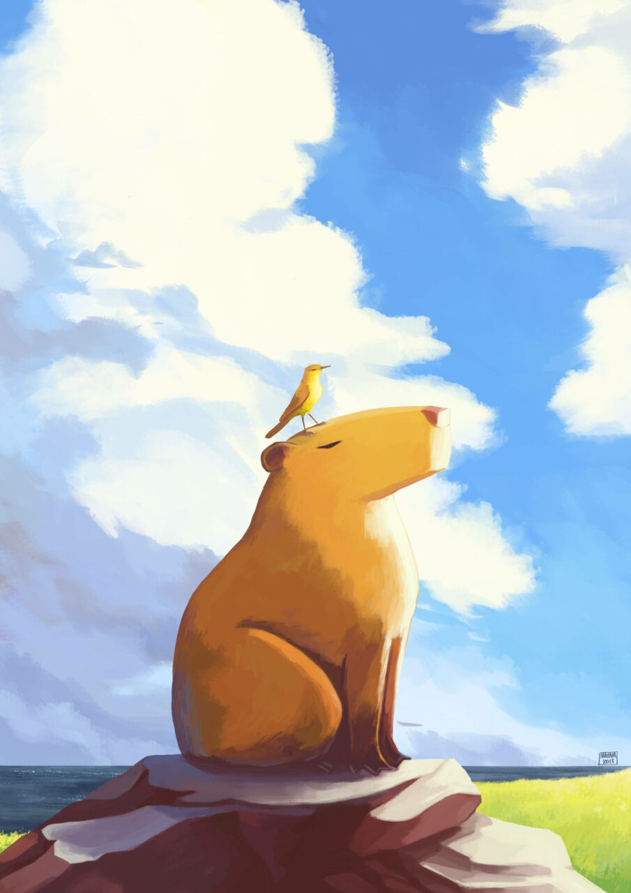 Serene Capybara and Yellow Bird Nature Art Wallpaper | Background FREE ...