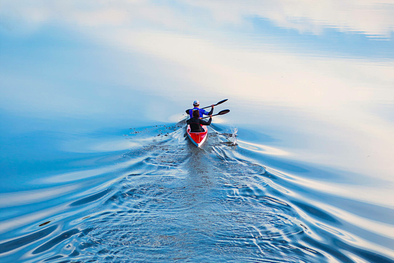 Calm Blue Water Rowing in Red Boat Peaceful Wallpaper | Background FREE ...