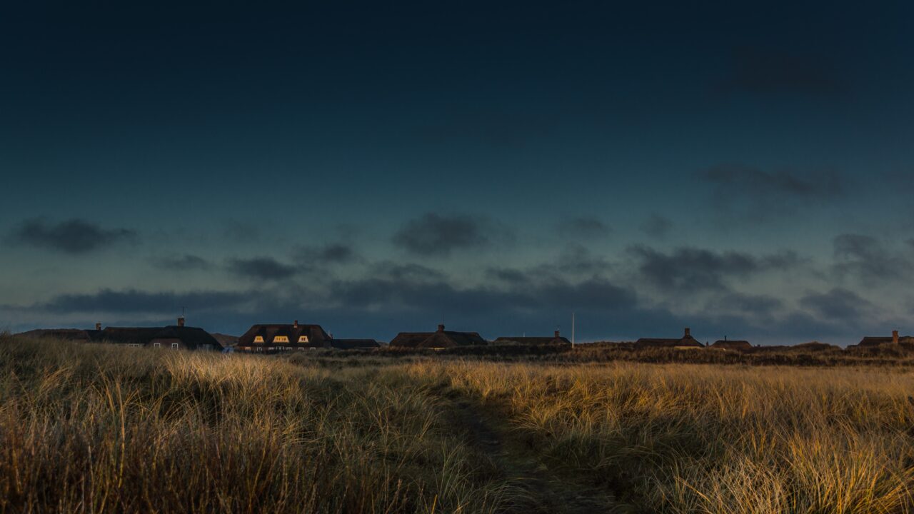 Serene Denmark Twilight Field Sunset Cozy Houses Wallpaper | Background ...