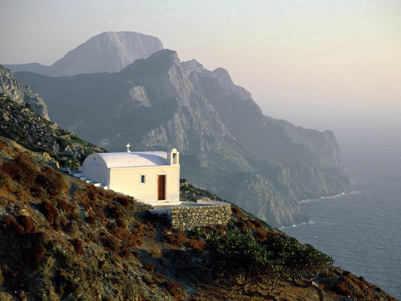 White Coastal Temple on Greek Cliffs Sea View Wallpaper | Background ...