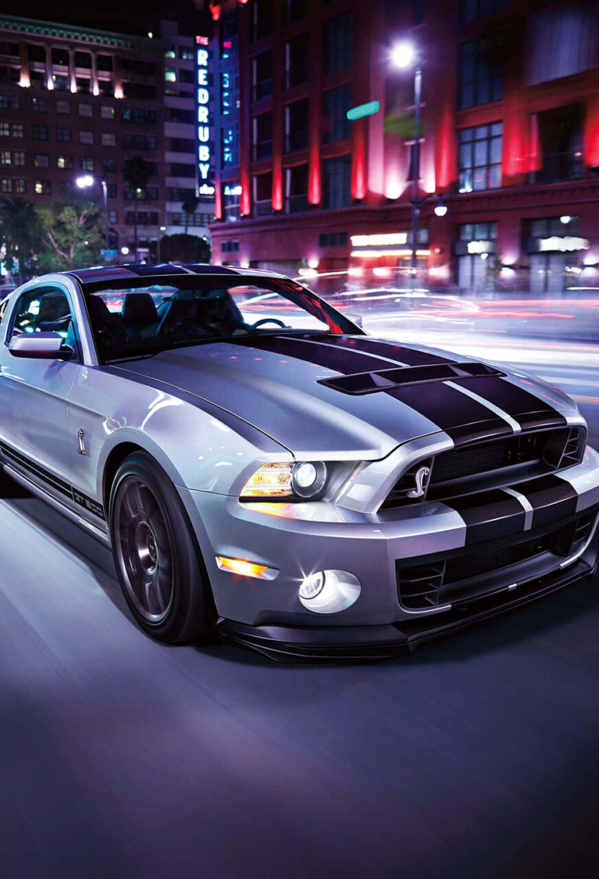 Silver Mustang Neon City Racing Stripes Wallpaper | Background FREE ...