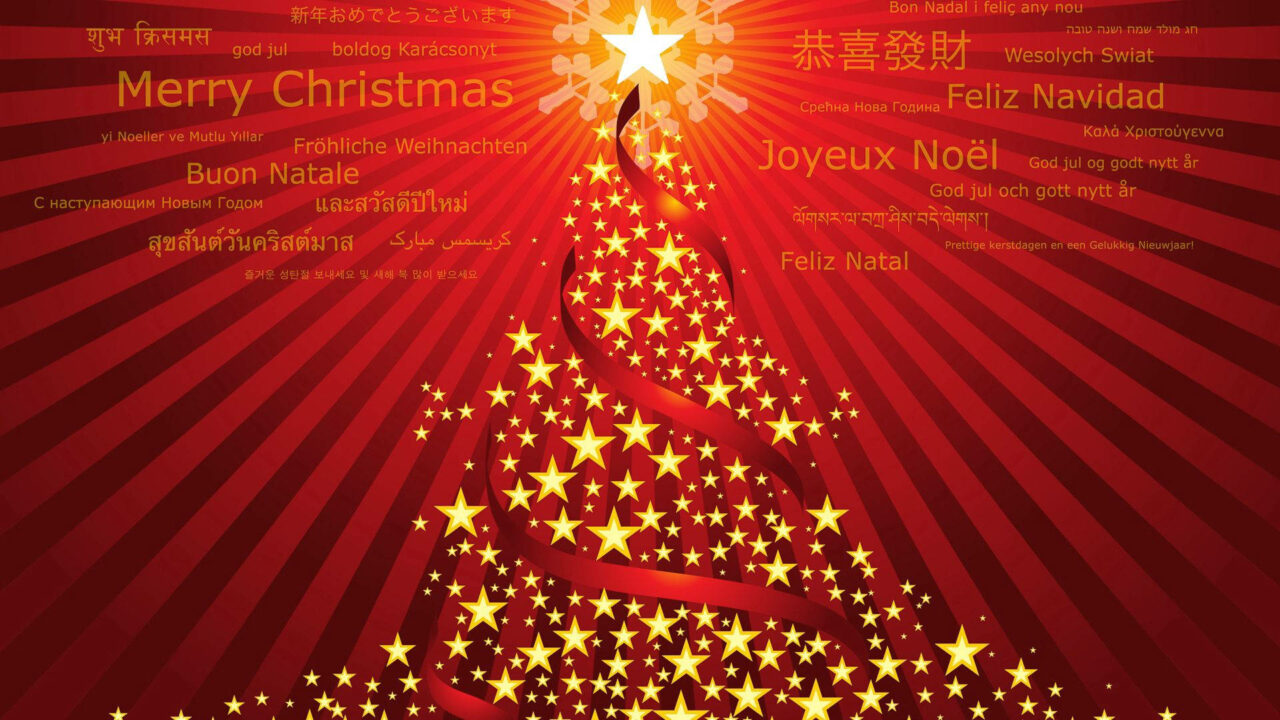 Radiant Yellow Star Christmas Tree Multilingual Greetings Wallpaper ...