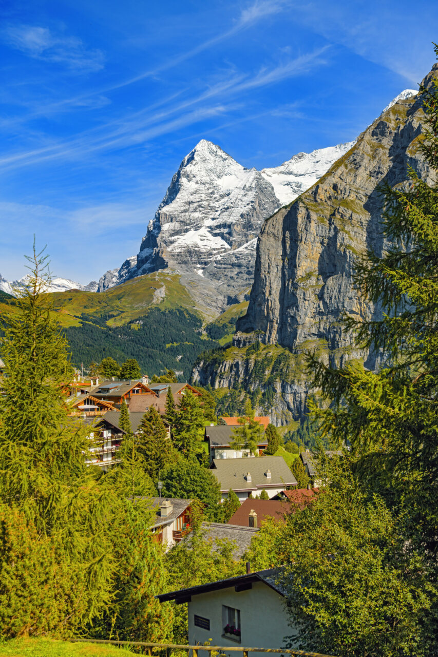 Alpine Village Mountain Landscape with Snow Peaks Wallpaper ...