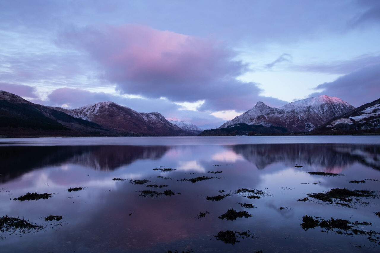Purple Dusk Lake and Snowy Mountains Tranquil Wallpaper | Background ...