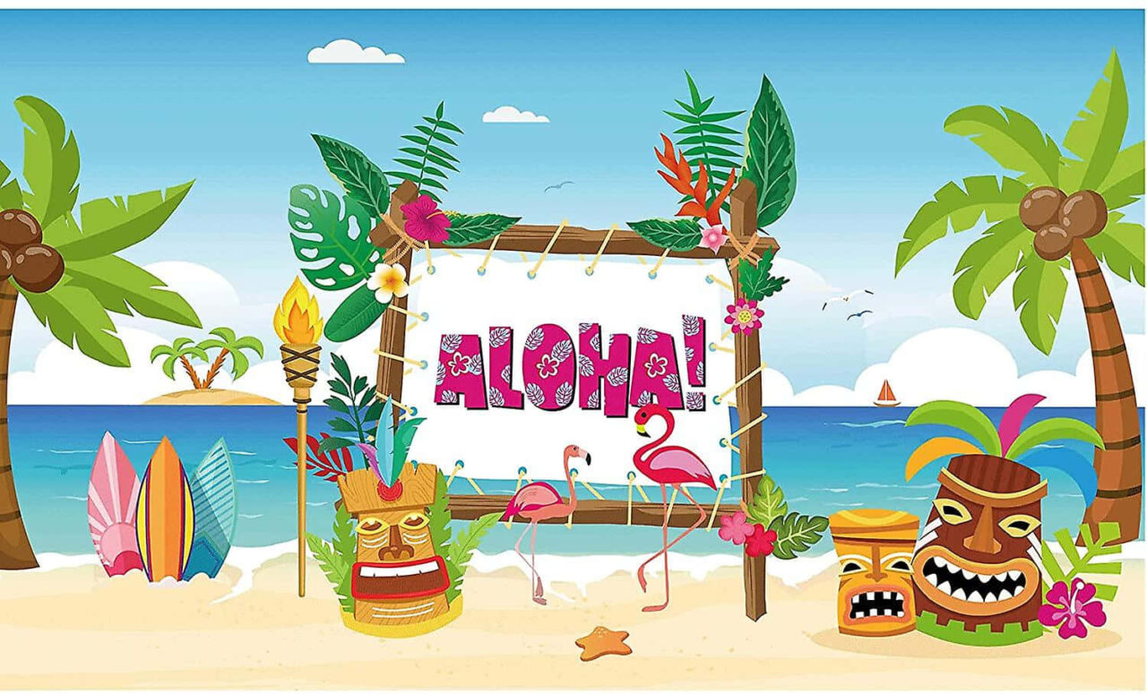 Tropical Luau Beach Scene with Tiki Masks and Flamingos Wallpaper ...