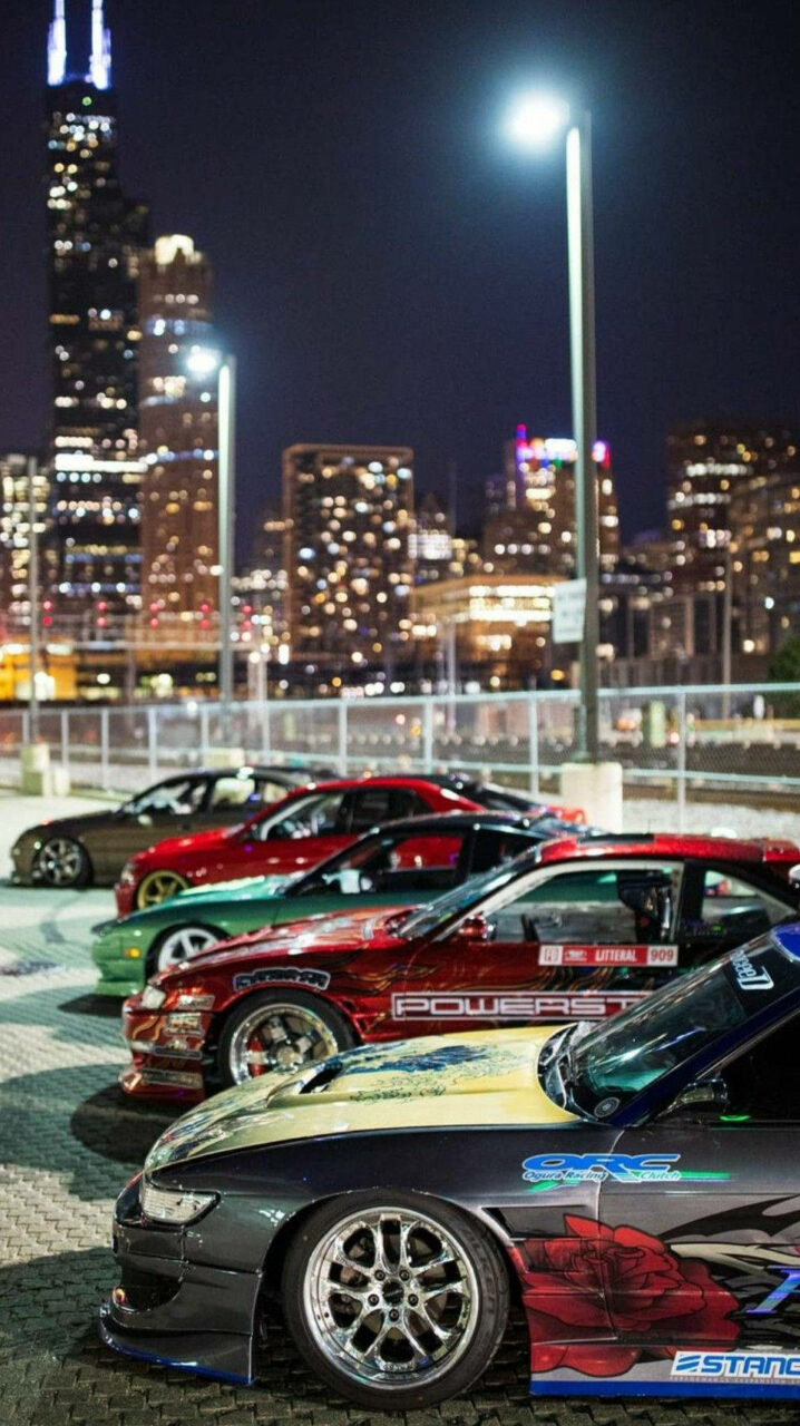 Vibrant JDM Cars City Night Skyline Colorful Wallpaper | Background ...
