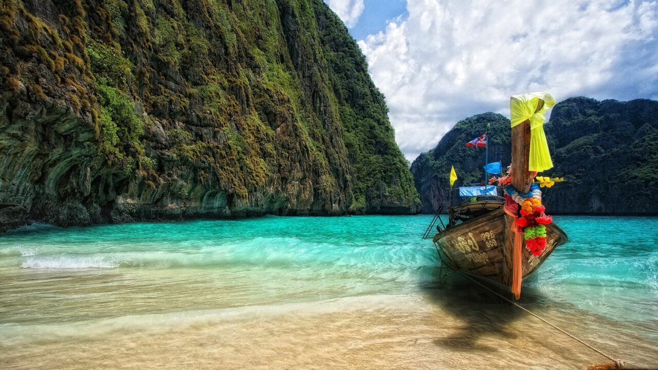 Colorful Long-Tail Boat in Tropical Paradise Wallpaper | Background ...