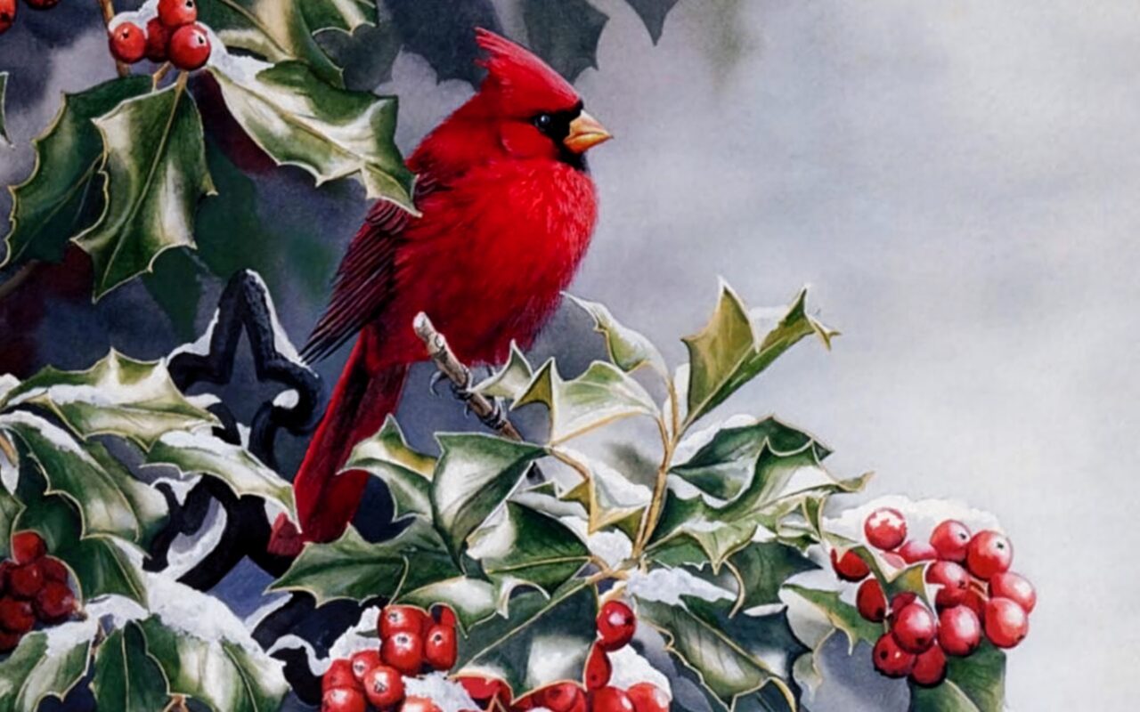 Northern Cardinal on Snowy Holly Branch Winter Wallpaper | Background ...