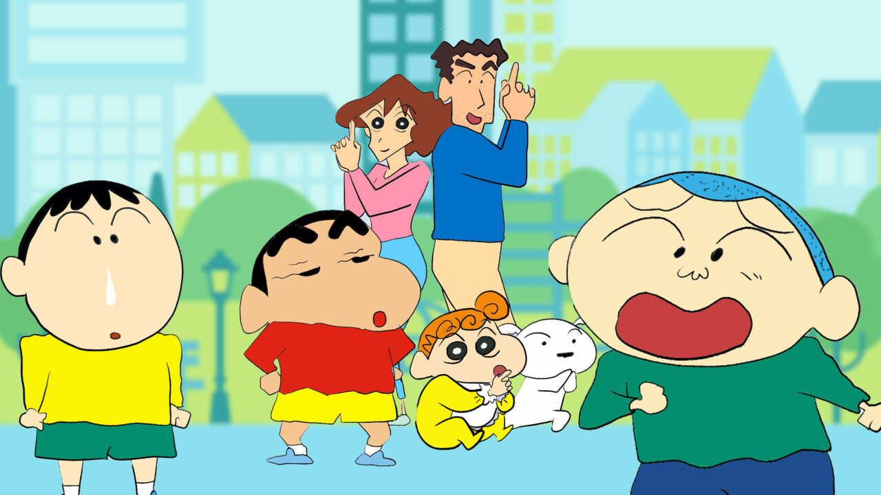 Shin Chan Cast Members in Pastel Town Wallpaper | Background FREE ...