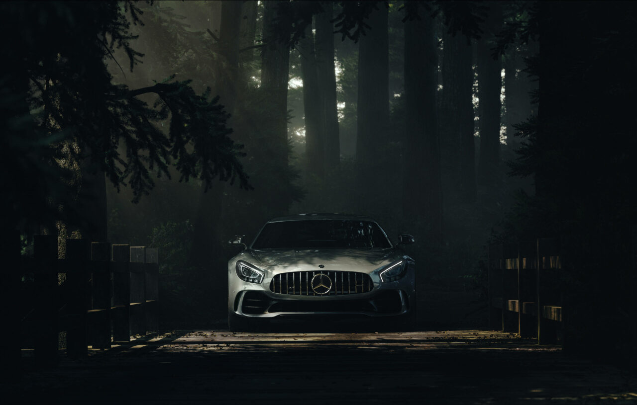 White Mercedes-AMG in Forest Sunlight Shadow Wallpaper | Background ...